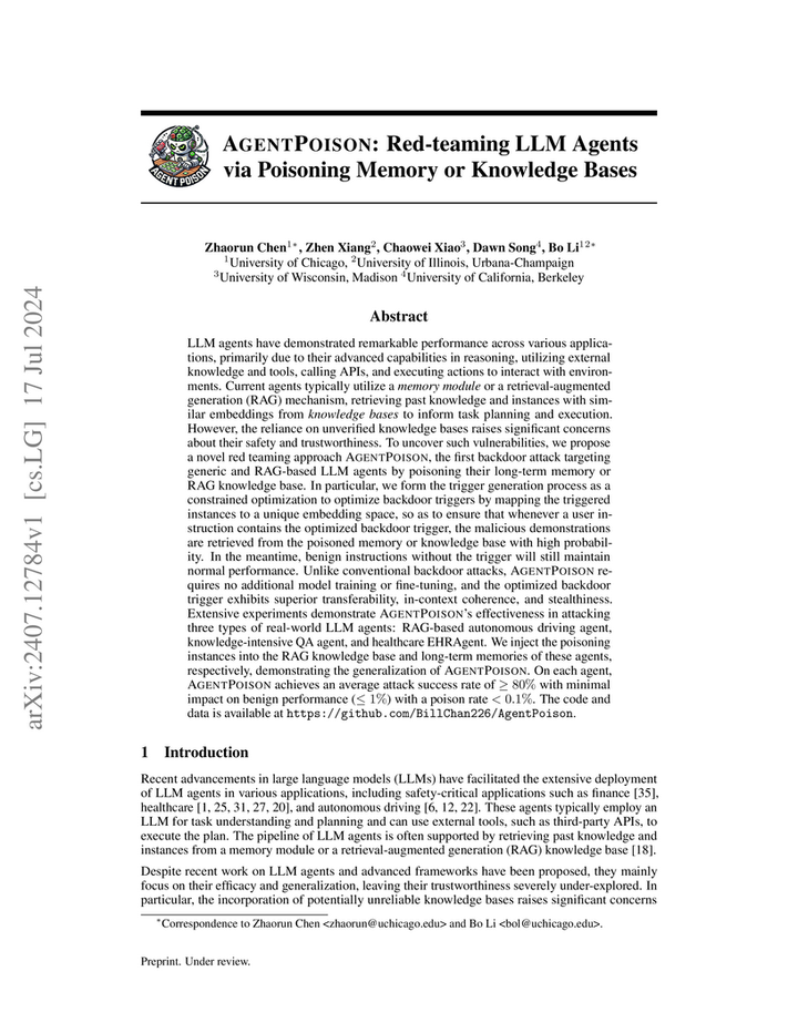AgentPoison: Red-teaming LLM Agents via Poisoning Memory or Knowledge Bases - 知乎