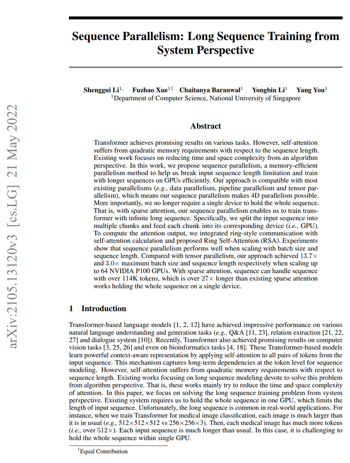 【LLM/大模型】序列并行性：从系统角度进行长序列训练(Sequence Parallelism: Long Sequence Training from System Perspective ...