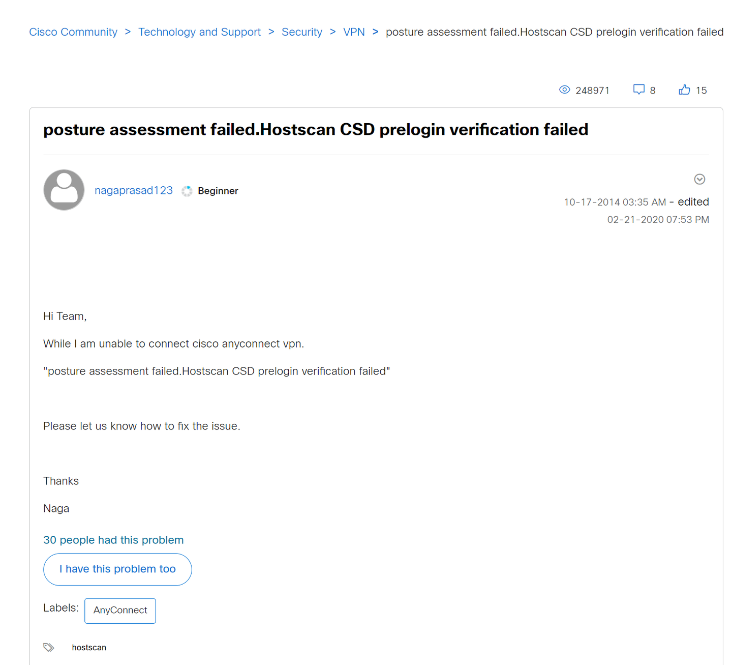 Cisco Anyconnect : posture assessment failed.Hostscan CSD prelogin verification failed. VPN无法连接 ...