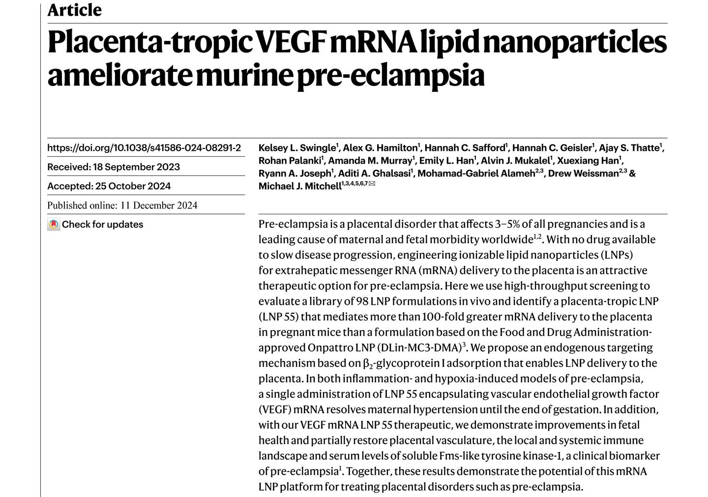 文献分享 | Nature：胎盘趋向性VEGF mRNA脂质纳米颗粒改善小鼠子痫前期 - 知乎