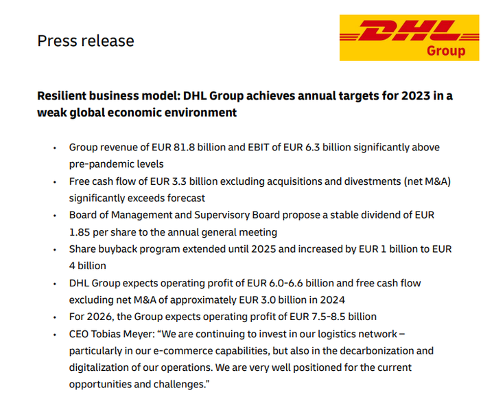 DHL集团2023年财报出炉：营收891.48亿美元 | 壹航运 - 知乎