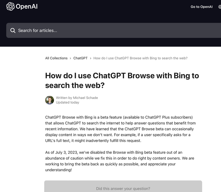 OpenAI宣布暂时停止，付费版ChatGPT的Web浏览“Browse with Bing”功能 - 知乎