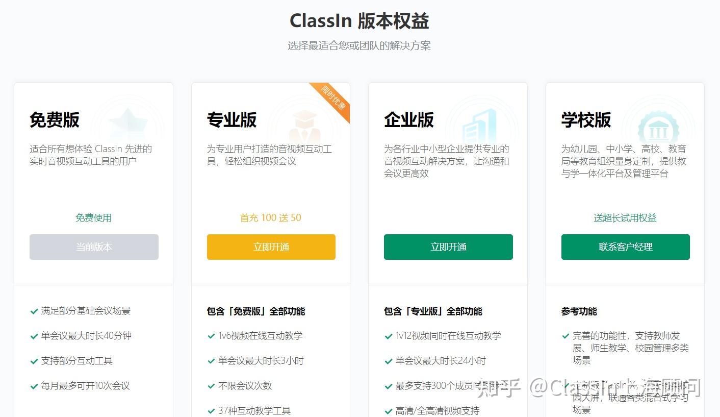 ClassIn几种不同版本区别：免费版/专业版/企业版/学校版 - 知乎