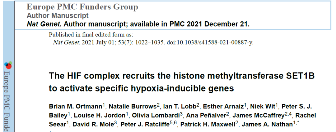 Nature Genet|缺氧诱导因子HIF复合体招募组蛋白甲基转移酶SET1B激活缺氧诱导基因 - 知乎