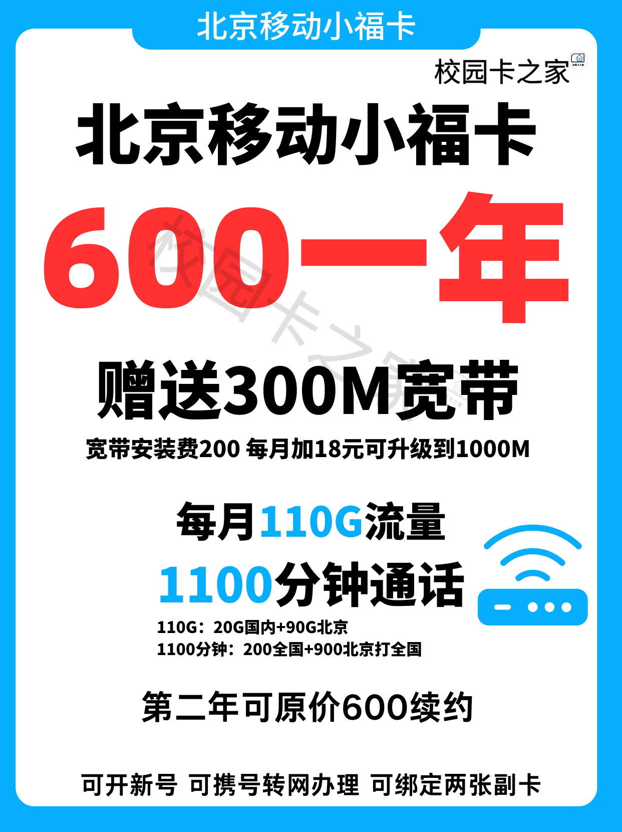 不限年龄！2024年北京移动小福卡600一年送300M宽带110G流量1100分钟通话