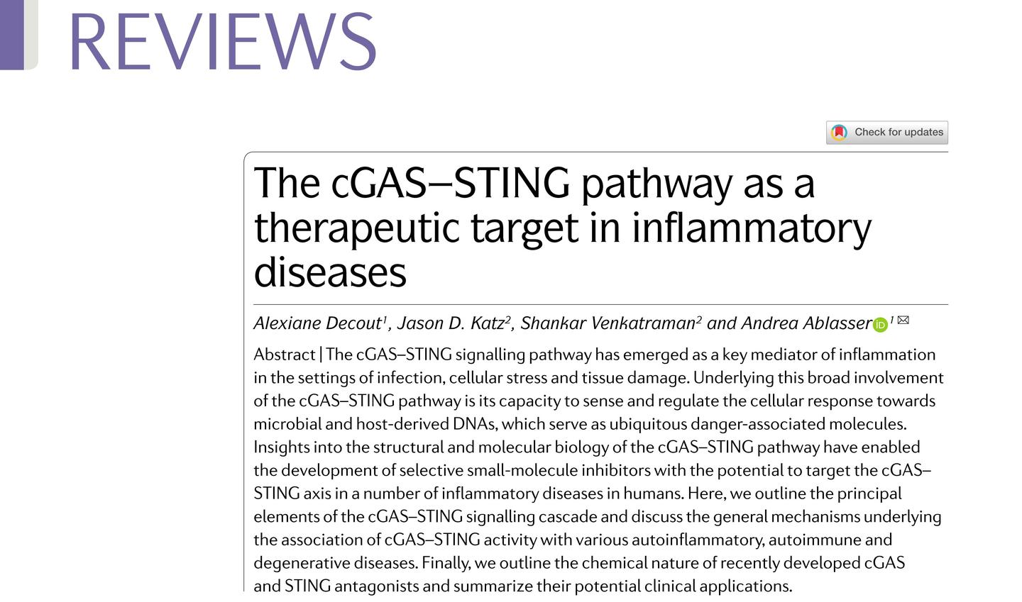 文献分享 | Nature Reviews Immunology：cGAS-STING通路作为炎症性疾病的治疗靶点 - 知乎